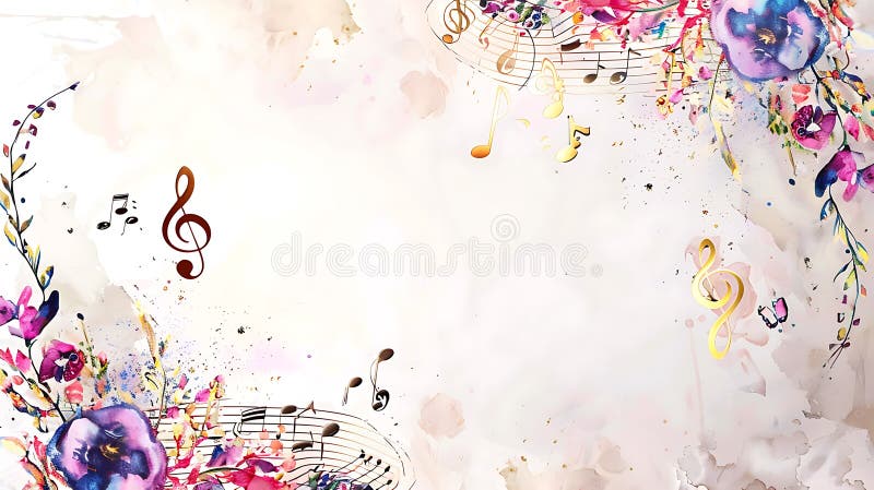 Watercolor Floral Background with Music Notes and Flowers. Vector ...