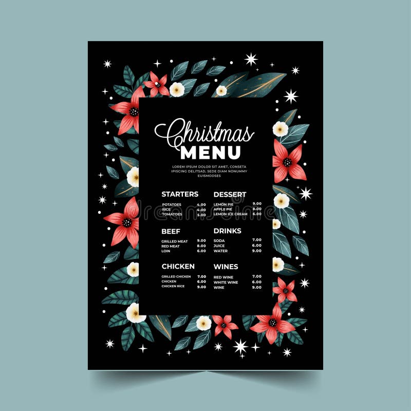 Watercolor Floral Christmas Menu Template Vector Design Stock Vector ...
