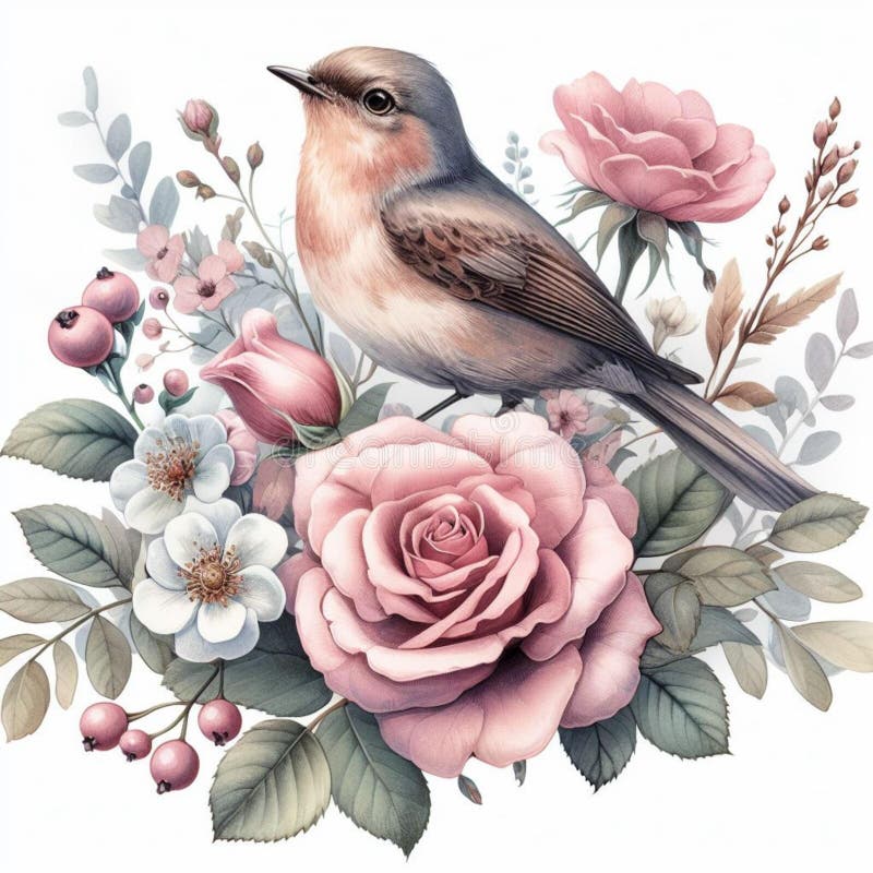 Watercolor Floral Composition with Bird and Roses. Stock Illustration ...