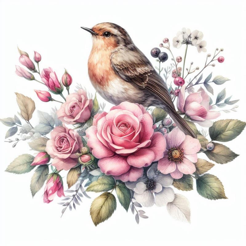 Watercolor Floral Composition with Bird and Roses. Stock Illustration ...