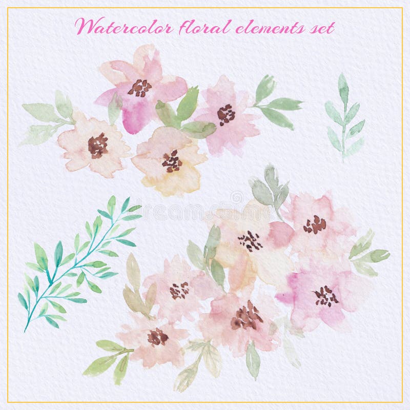 Watercolor Floral Elements Set. Spring Watercolor Flowers and Leaves ...