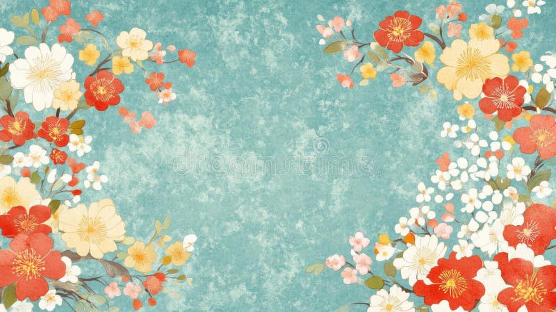 Watercolor Floral Frame Blossom with Cherry on Turquoise Background Spring Theme Stock ...