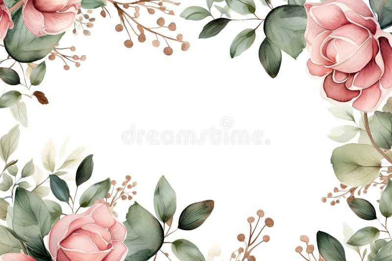 Watercolor Floral Frame Border with Leaves and Roses Stock Illustration ...