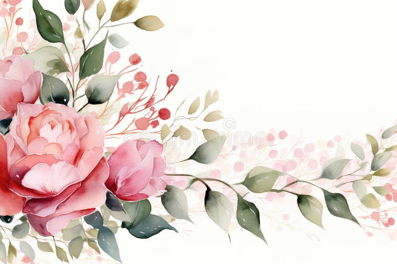 Watercolor Floral Frame Border with Leaves and Roses Stock Illustration ...