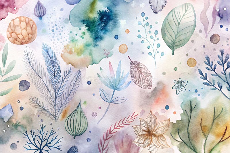 Watercolor Floral Pattern with Leaves, Plants, and Abstract Shapes ...