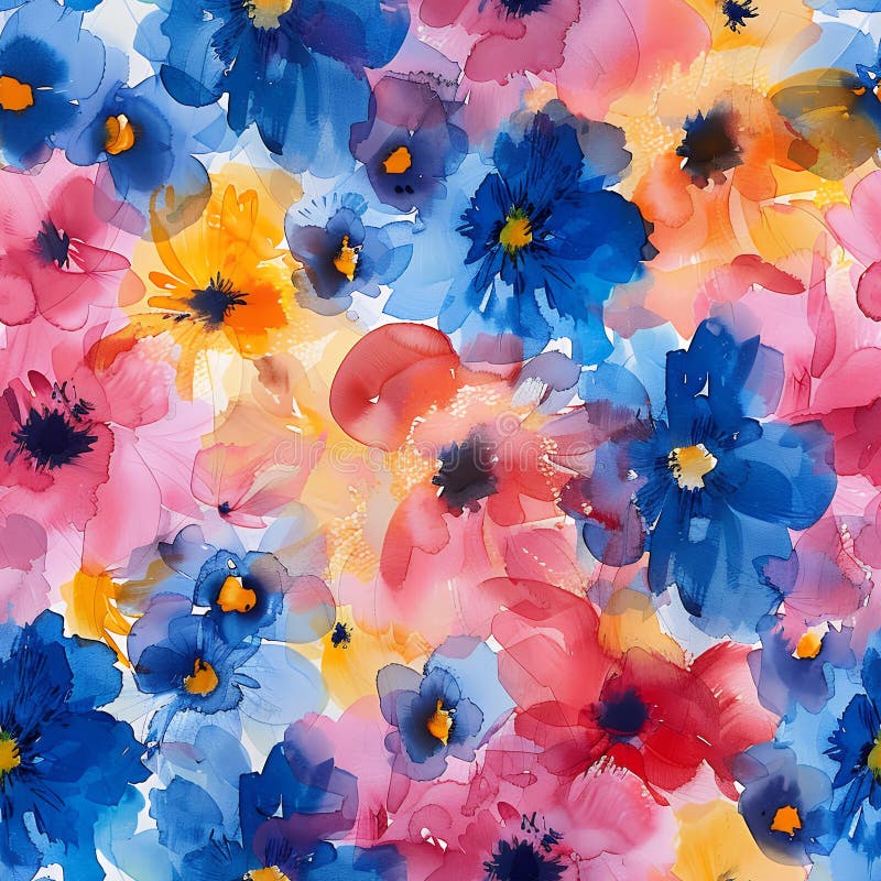 Watercolor Floral Pattern in Pink Blue and Yellow Stock Illustration ...