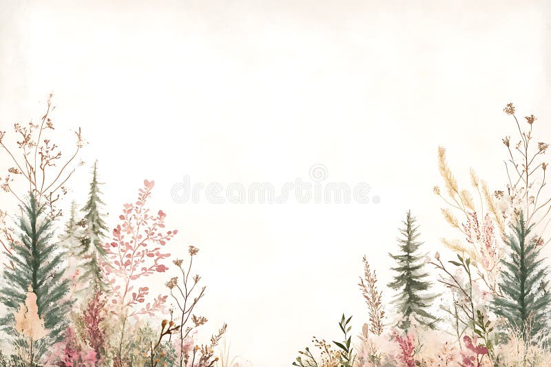 Watercolor Floral and Pine Forest Border Stock Illustration ...