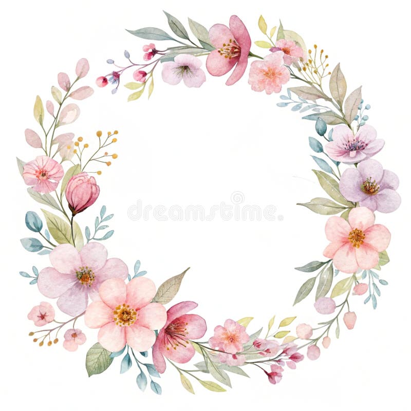 Watercolor Floral Round Frame Isolated on Transparent Background Stock ...