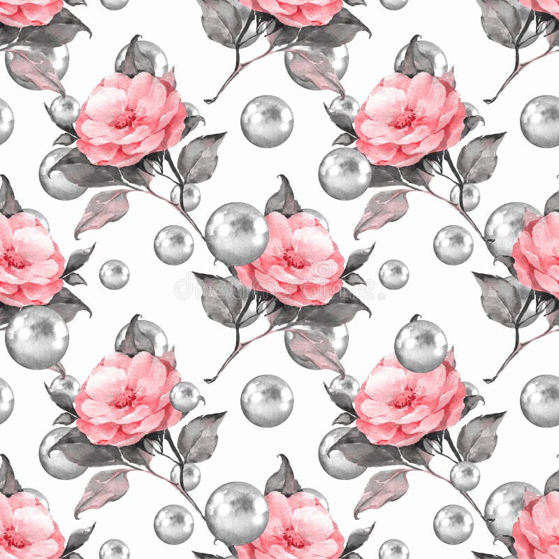 Watercolor Floral Seamless Pattern with Pearls Stock Illustration ...