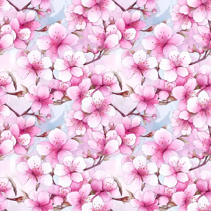 Watercolor Floral Seamless Pattern of Pink Cherry Flowers Stock ...