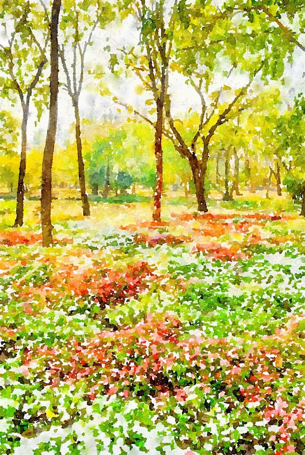 Watercolor of Flower Garden Stock Illustration - Illustration of paint ...