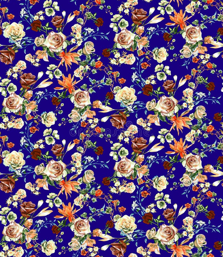 Watercolor Flower Pattern with Navy Background Stock Illustration ...