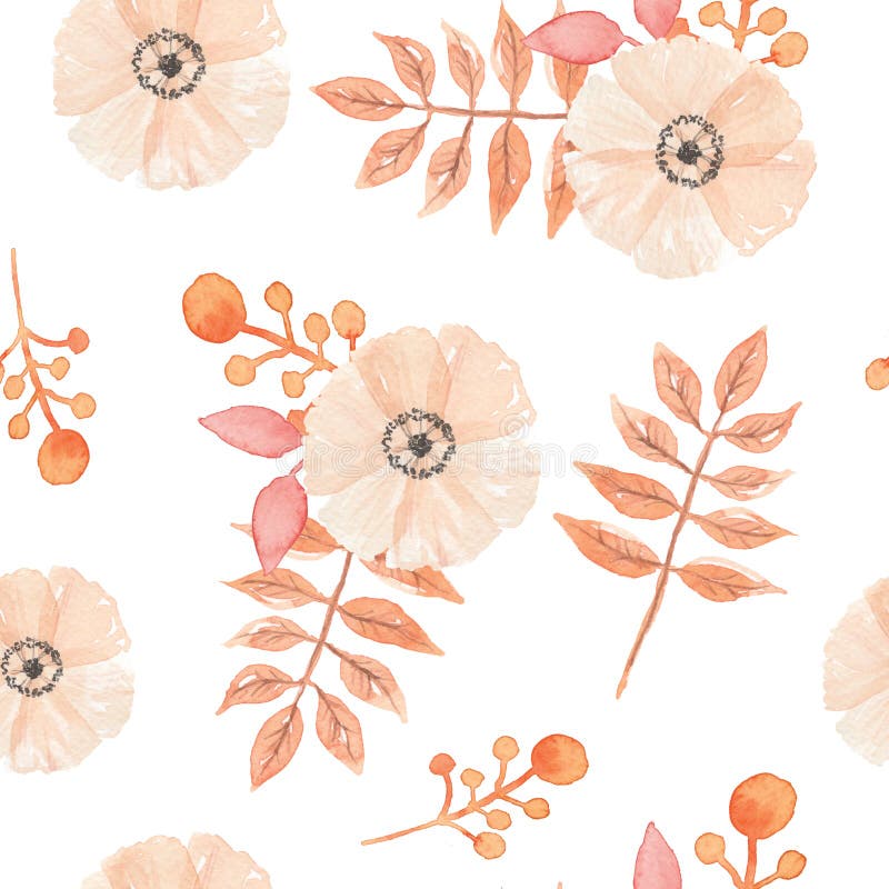 Watercolor Flowers Leaves Berries Painted Seamless Pattern Autumn Fall Stock Illustration ...