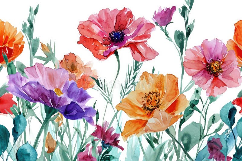 Watercolor Flowers on White Background, Theme Spring Stock Illustration ...
