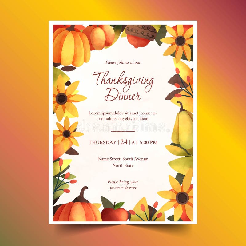 Watercolor Flyer Invitation Template Thanksgiving Celebration Vector ...