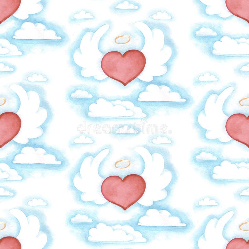 Watercolor Flying Heart with Wings, Seamless Stock Illustration ...