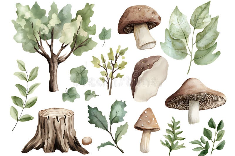 Watercolor Forest Elements Tree, Mushrooms, Leaves, Branches, Stump ...