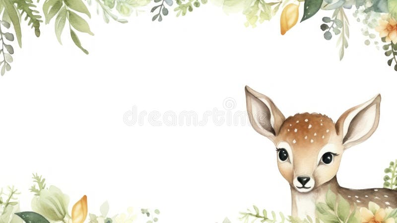 Watercolor Forest Invitation Frame with Baby Deer AI Generated Stock ...