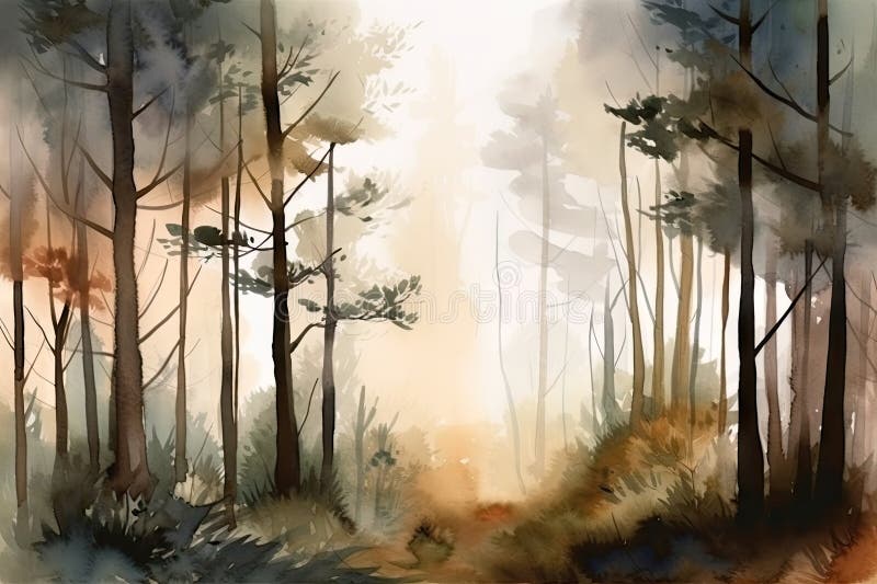 Watercolor Forest Scene with Misty and Dreamy Atmosphere Stock ...