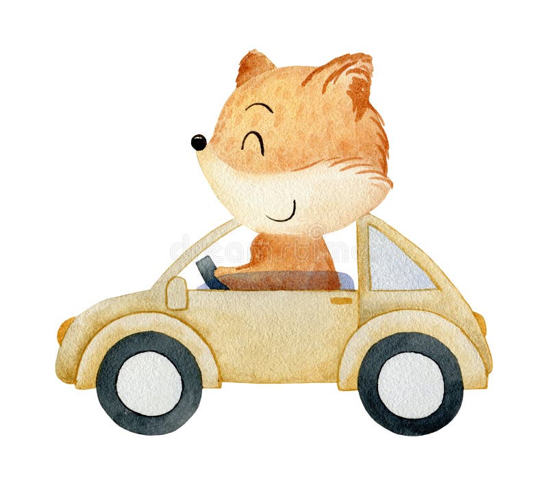 Watercolor fox in the car. stock photo. Image of drive - 234245618