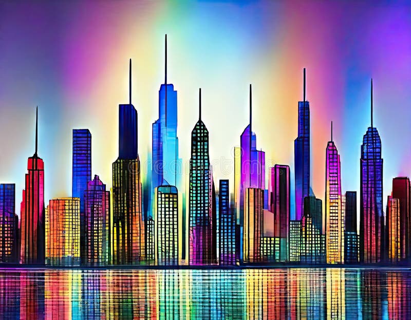 Watercolor of a Fractal Cityscape of Neon Lights and Mirrored Stock ... Watercolor of a Fractal Cityscape of Neon Lights and Mirrored Stock ...