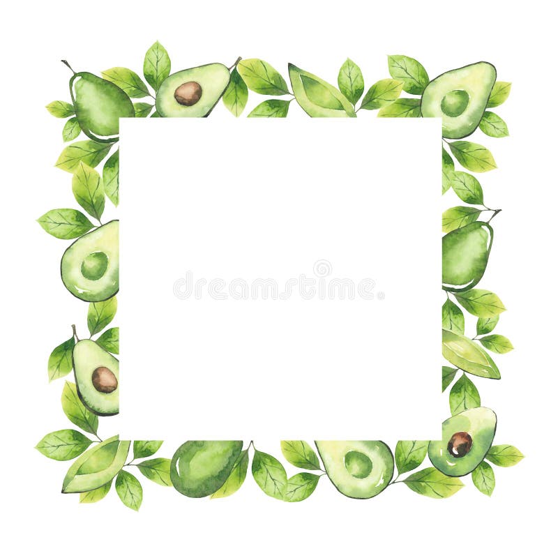 Watercolor Frame from Avocado and Greenery Elements Isolated on White ...