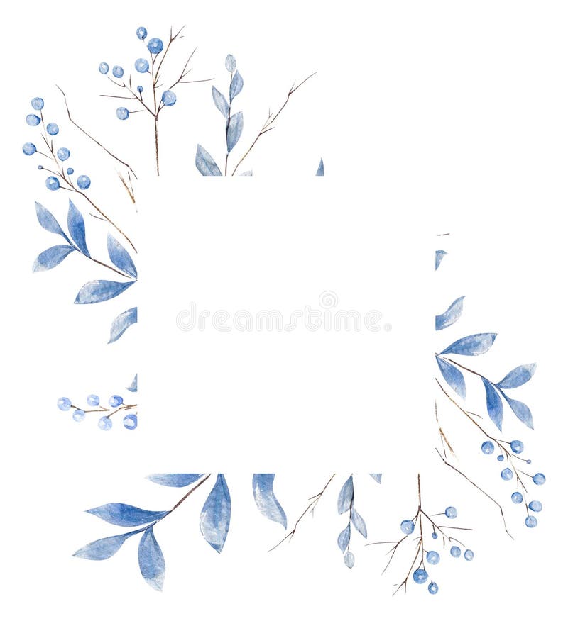 Watercolor Frame of Blue Plants and Berries Stock Illustration ...