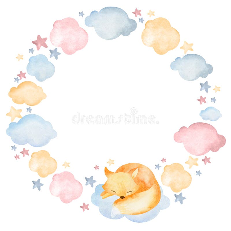 Watercolor Frame Cartoon Fox Cub Invitation Frame Template with ...