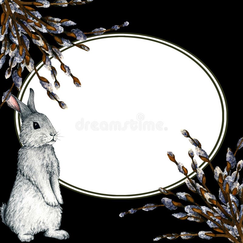 Watercolor Frame Easter with Willow Branches and Rabbit. Spring Illustration for Decor Stock ...