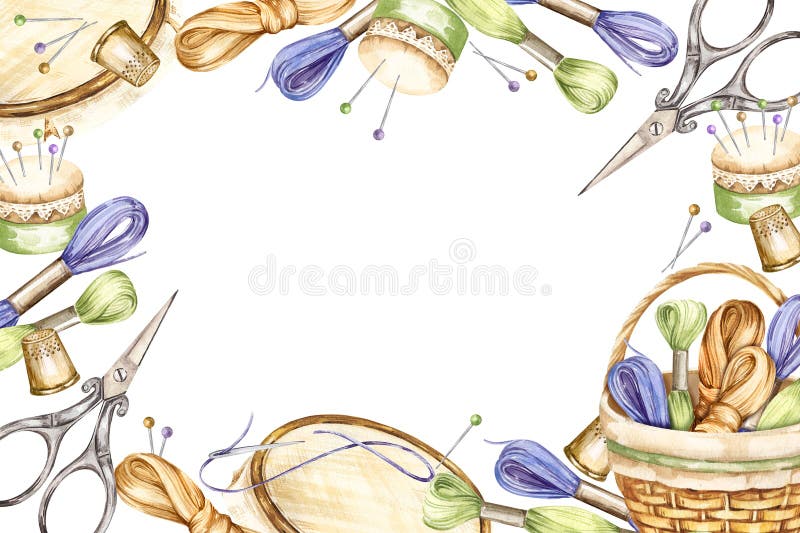 Watercolor Frame with Embroidery Tools, Hand Drawn Sketch of Handiwork ...