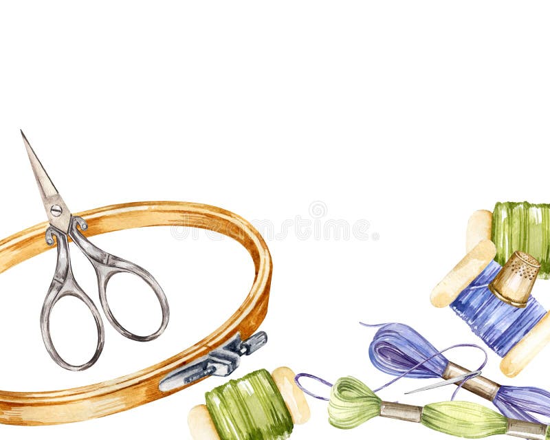 Watercolor Frame with Embroidery Tools, Hand Drawn Sketch of Handiwork ...