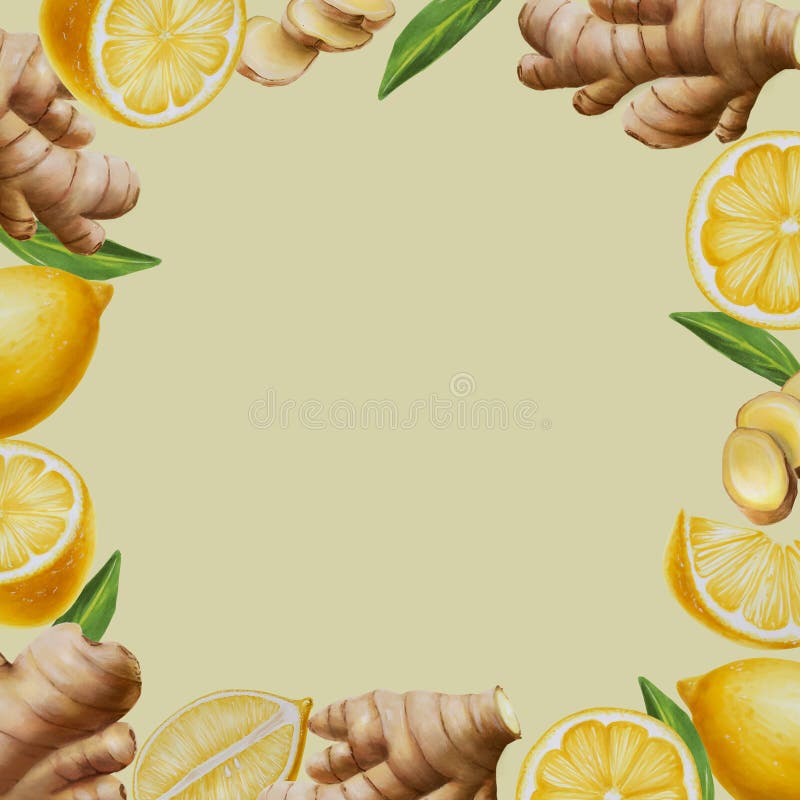 Watercolor Frame with Ginger and Lemon. Includes Ginger Root and Leafs ...