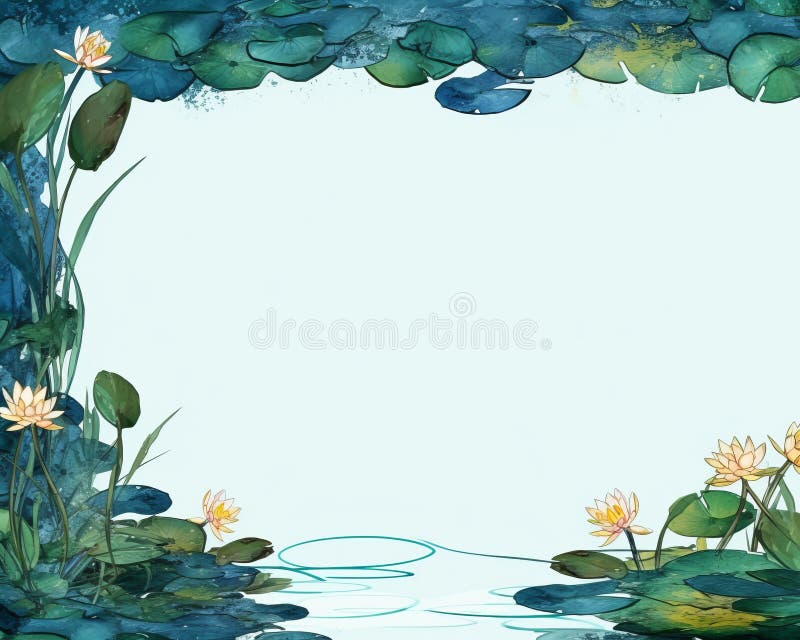 A Watercolor Frame with Lily Pads and Water Lilies Stock Illustration ...