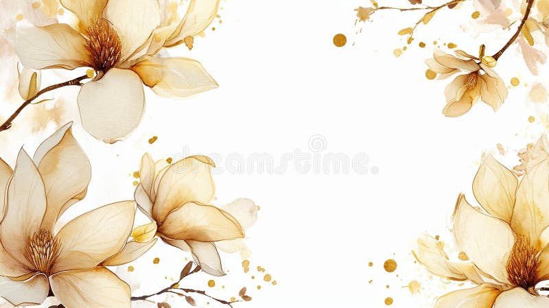 Watercolor Frame from Magnolia with Gold Leafs Stock Illustration ...