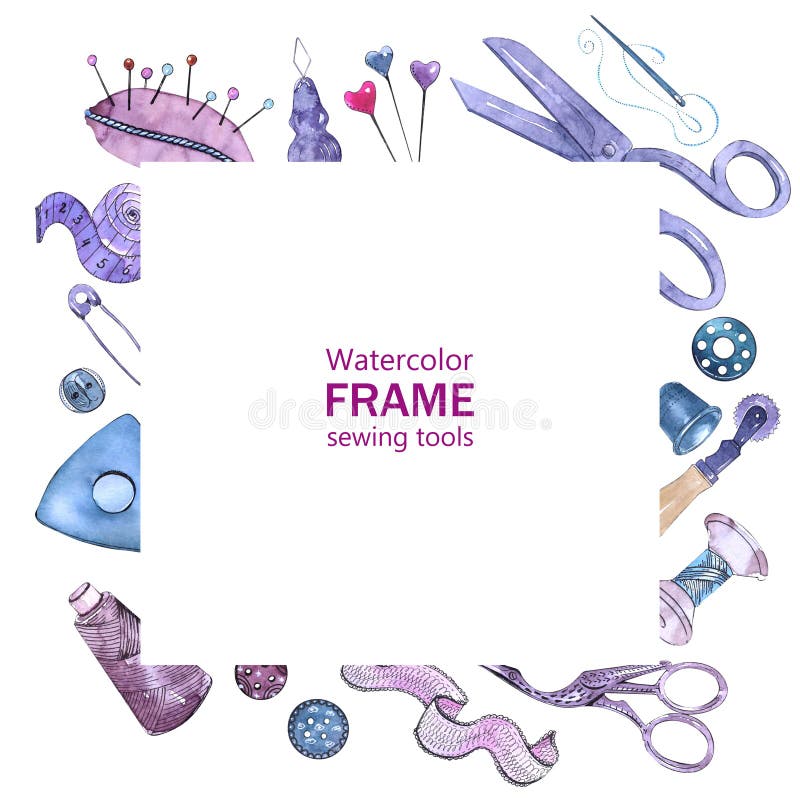 Watercolor Frame with Sewing Accessories and Attributes. Parts and ...