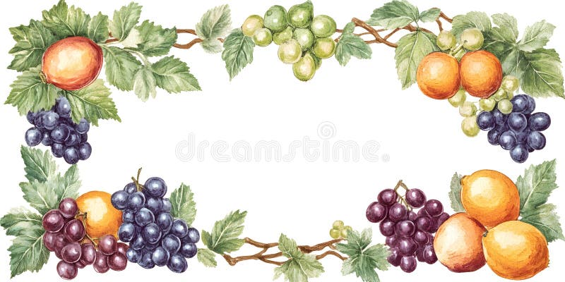 Watercolor Fruit Border Frame with Grapes Oranges and Peaches Stock ...