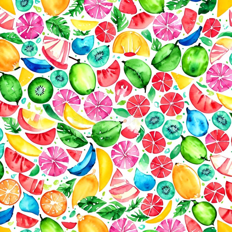 Watercolor Full Frame of Mix Tropical Fruits Doodle Pattern Stock ...
