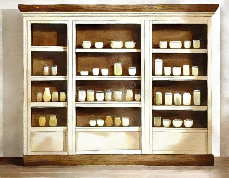 Watercolor of Full Kitchen Pantry Food Storage Stock Illustration ...