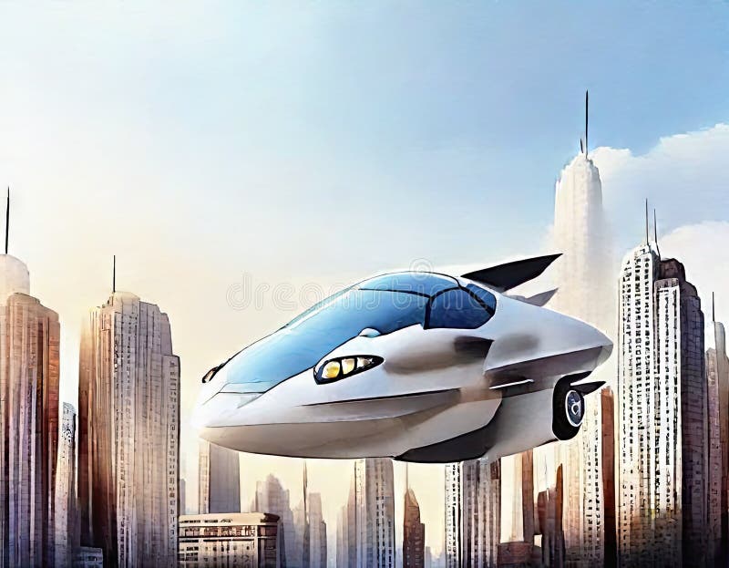 Watercolor of Future Flying Car Stock Illustration - Illustration of ...