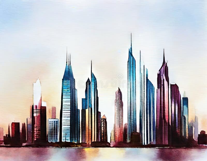 Watercolor of Future Skyscraper Stock Illustration - Illustration of ...