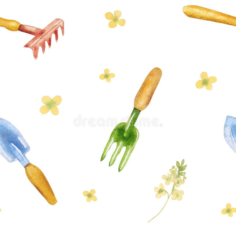 Watercolor Garden Tools Pattern Wit Spring Flowers Stock Illustration ...