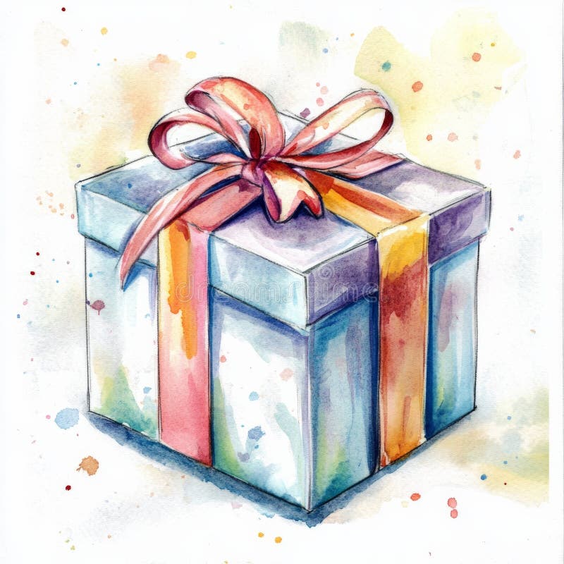 Watercolor Gift Box Vibrant Ribbon Artistic Splash Background Stock ...