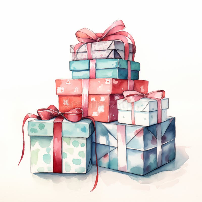 Watercolor Gift Boxes Illustration on White Background Stock ...