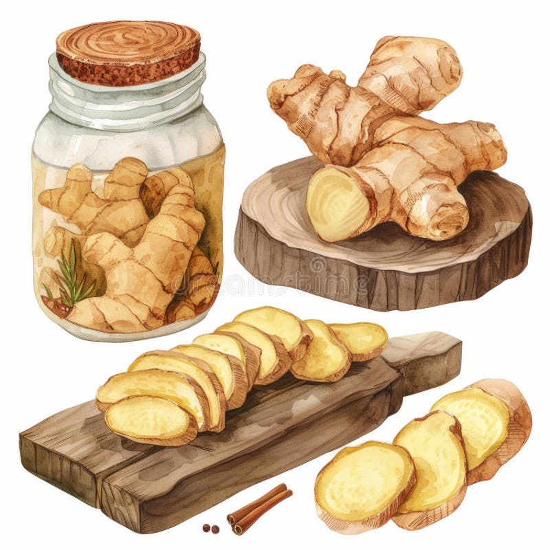 Watercolor Ginger Root and Slices, Pickled Ginger Stock Illustration ...