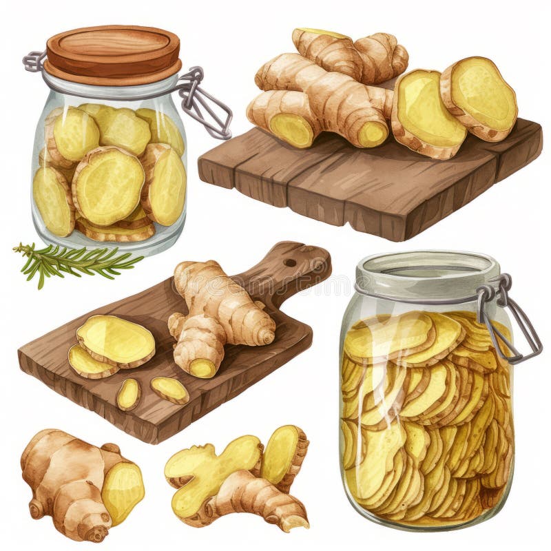 Watercolor Ginger Root and Slices, Pickled Ginger Stock Illustration ...