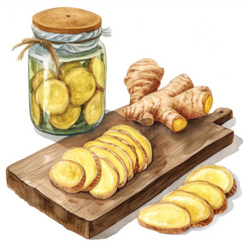 Watercolor Ginger Root and Slices, Pickled Ginger Stock Illustration ...