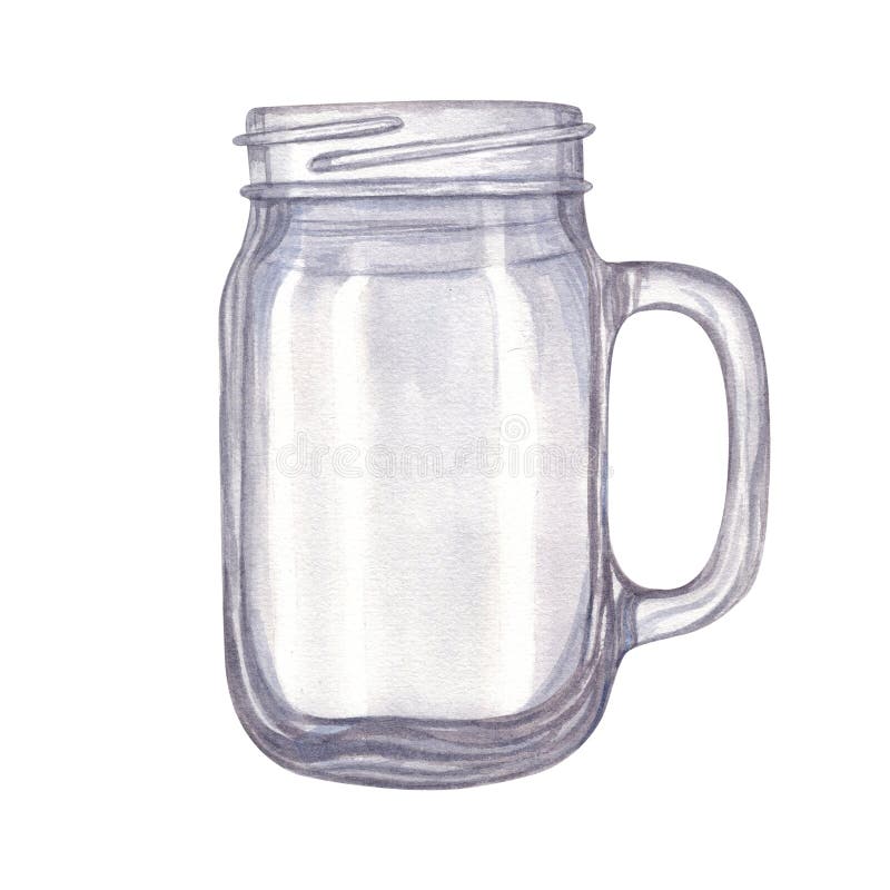 Watercolor Glass Empty Drinking Jar with Handle Isolated on White ...