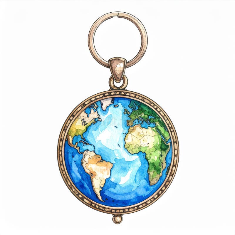Watercolor Globe Keychain with Gold Frame Stock Illustration ...