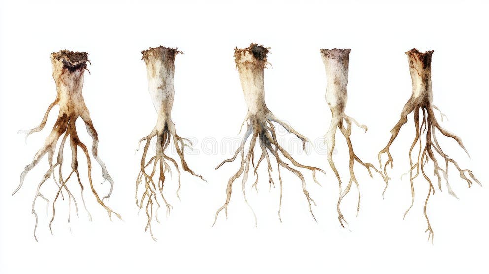 Watercolor Gnarled Roots: Five Small Roots on White Surface Stock ...