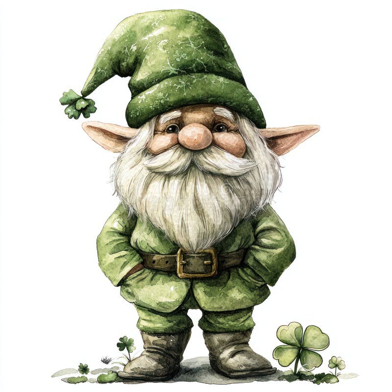 Watercolor Gnome with Green Hat and Clover, Perfect for St. Patrick Day ...